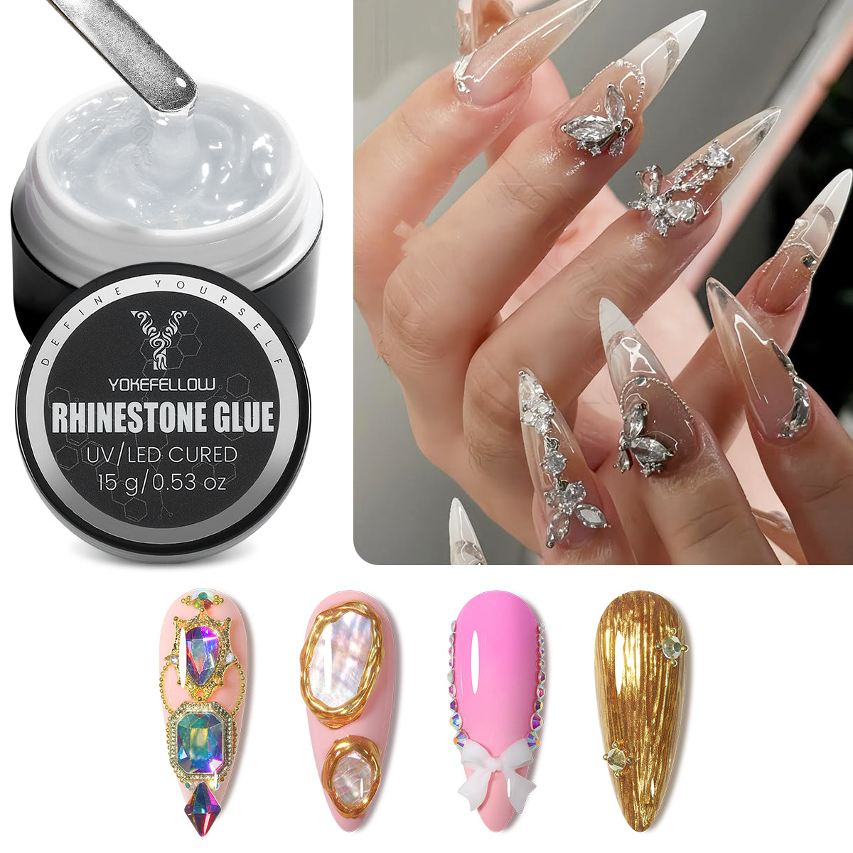 YOKEFELLOW 15G Rhinestone Glue for Nail Decorations UV Lamp Needed Gel ...